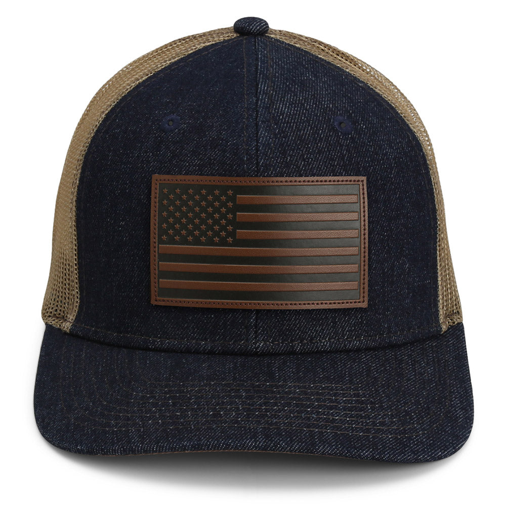 Denim Mesh Back American Flag Leather Patch Hat - Paramount Outdoors